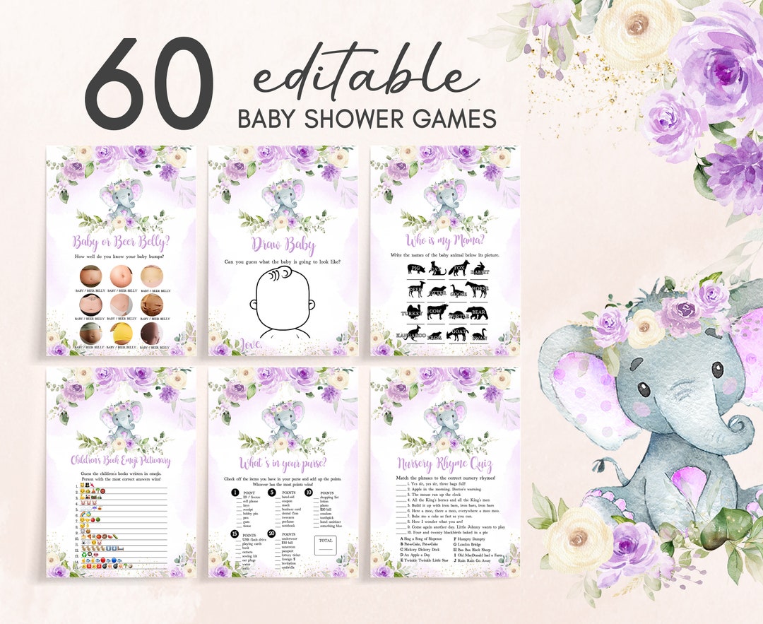 Editable Girl Elephant Baby Shower Games Bundle, Purple Floral Elephant ...