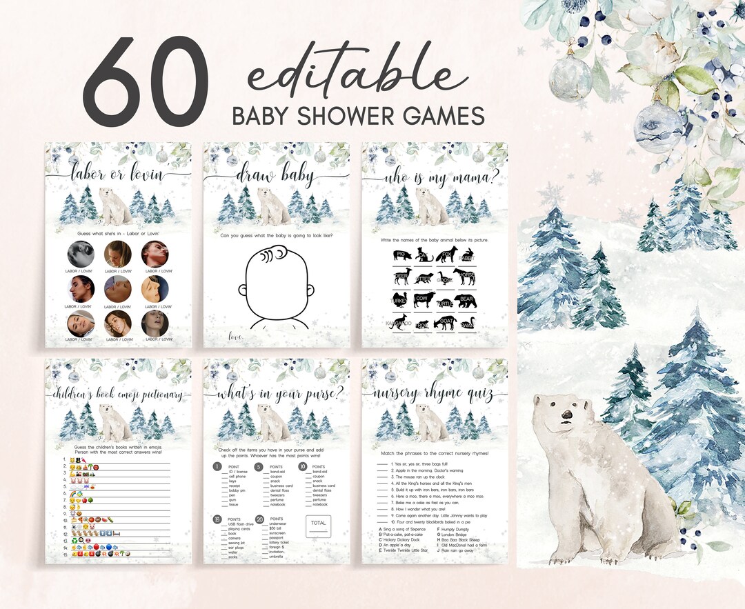 Editable Polar Bear Baby Shower Games Bundle Greenery Winter Bear Baby ...