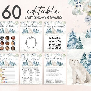 Editable Polar Bear Baby Shower Games Bundle Greenery Winter Bear Baby ...