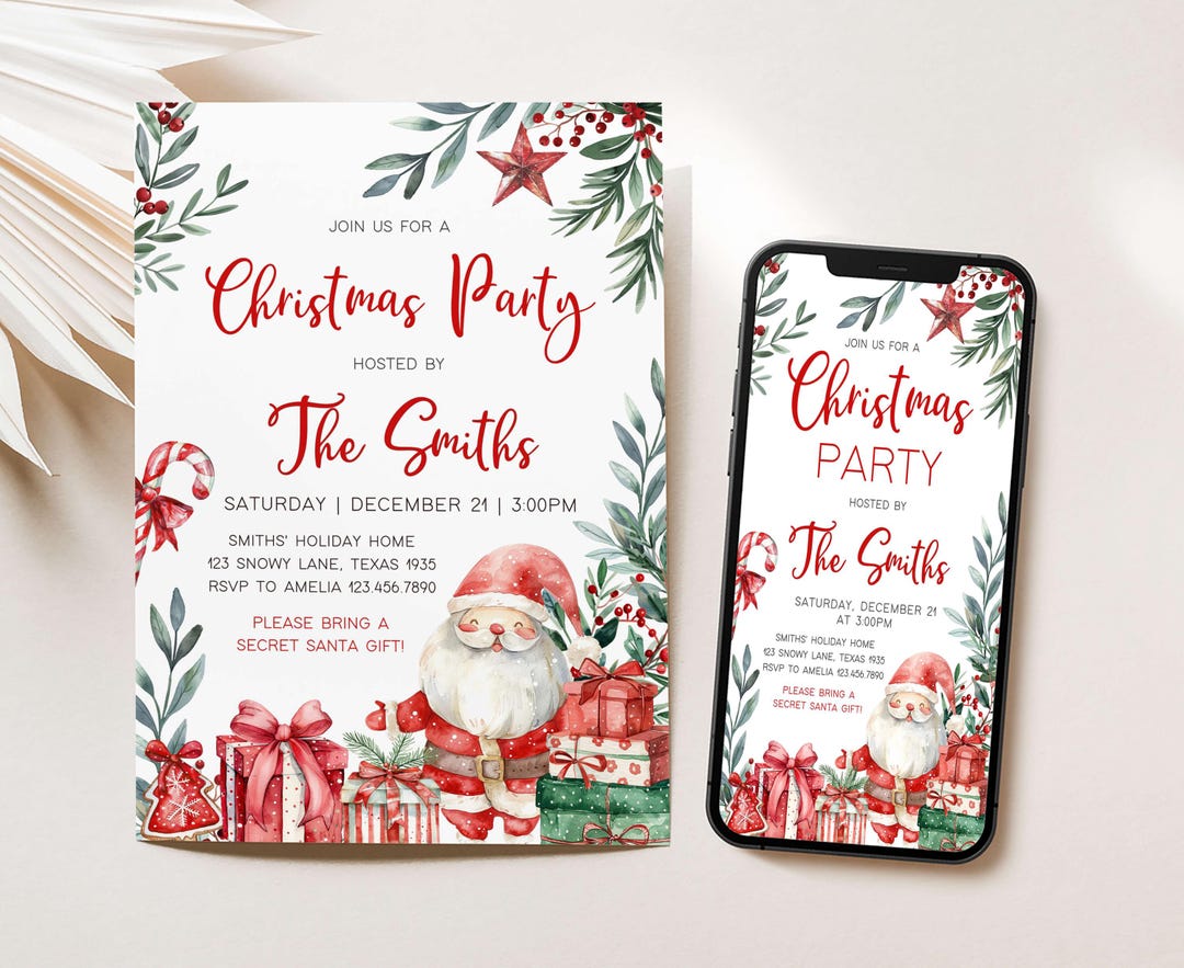Editable Santa Claus Christmas Party Invitation, Holiday Gift Swap Invite, Christmas Exchange ...