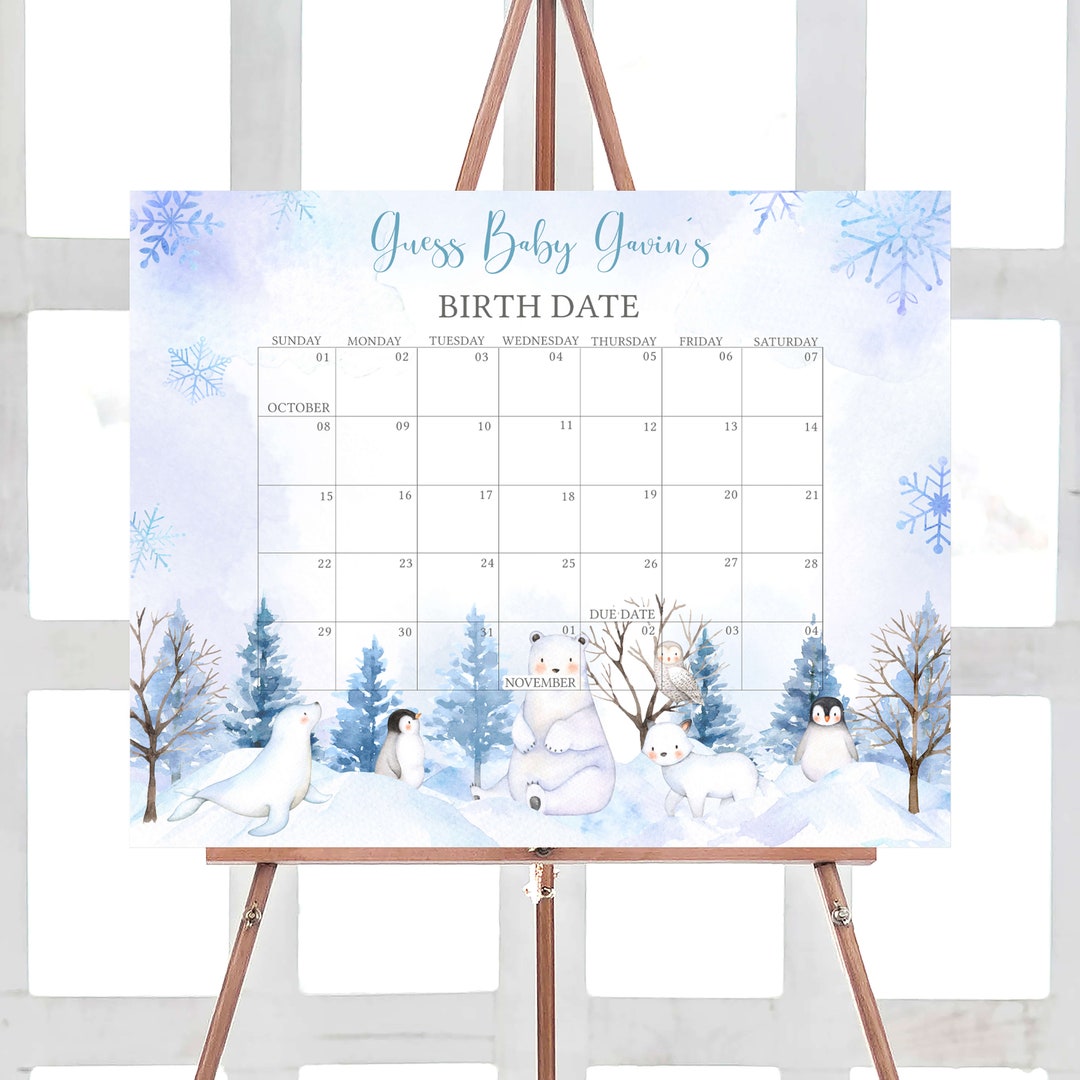 Editable Winter Arctic Animals Baby Shower Due Date Calendar, Blue Baby ...