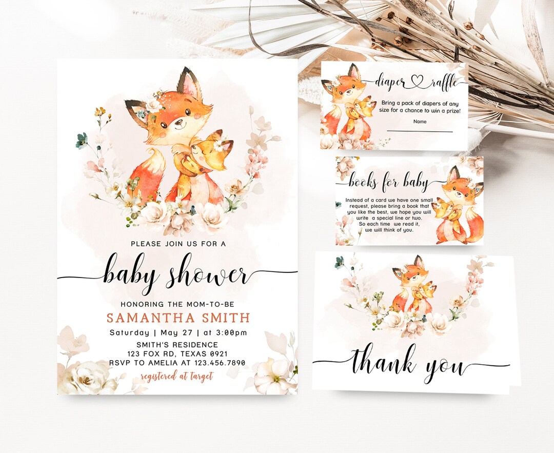 Editable Floral Fox Baby Shower Invitation Bundle, Girl Fox Baby Shower ...