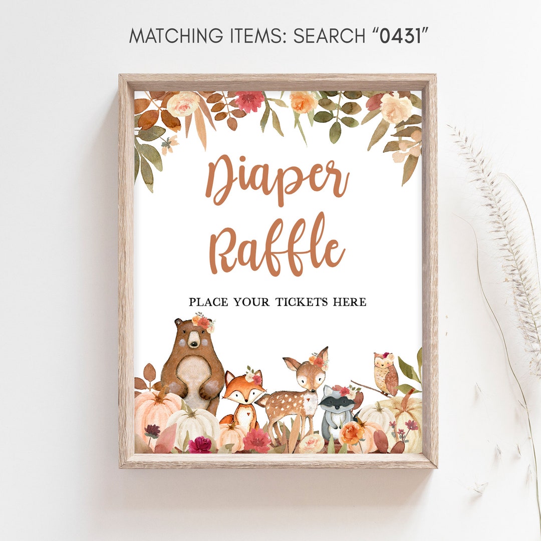 Diaper Raffle Sign Fall Woodland Baby Shower, Woodland Floral Pumpkin ...