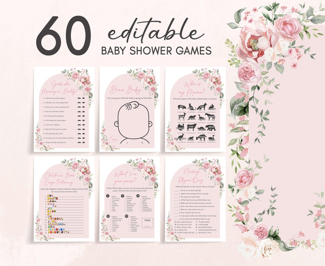 Editable Baby in Bloom Blush Baby Shower Games Bundle, Boho Arch Pink ...