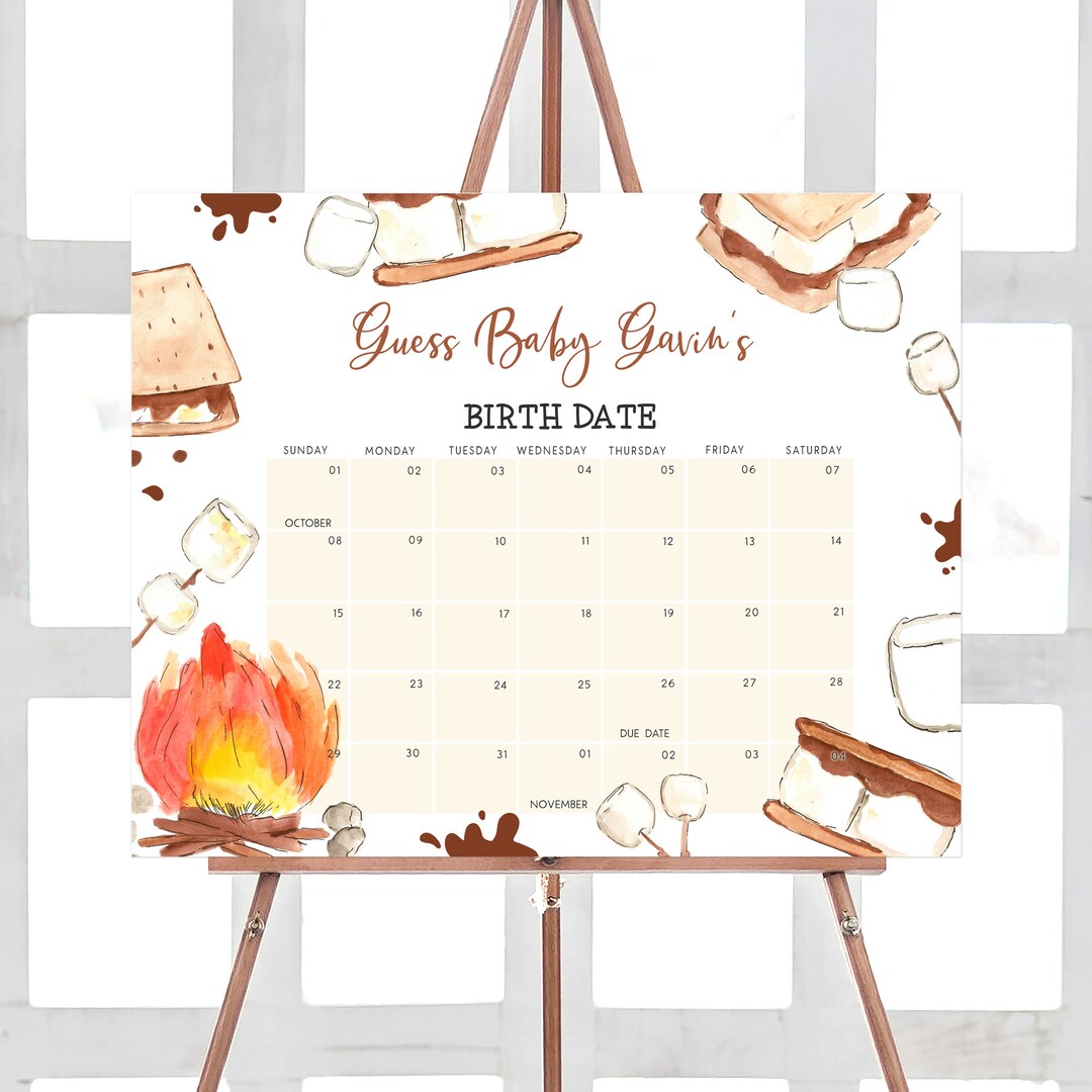 Editable Smore Baby Shower Due Date Calendar, Bonfire Camping Baby ...