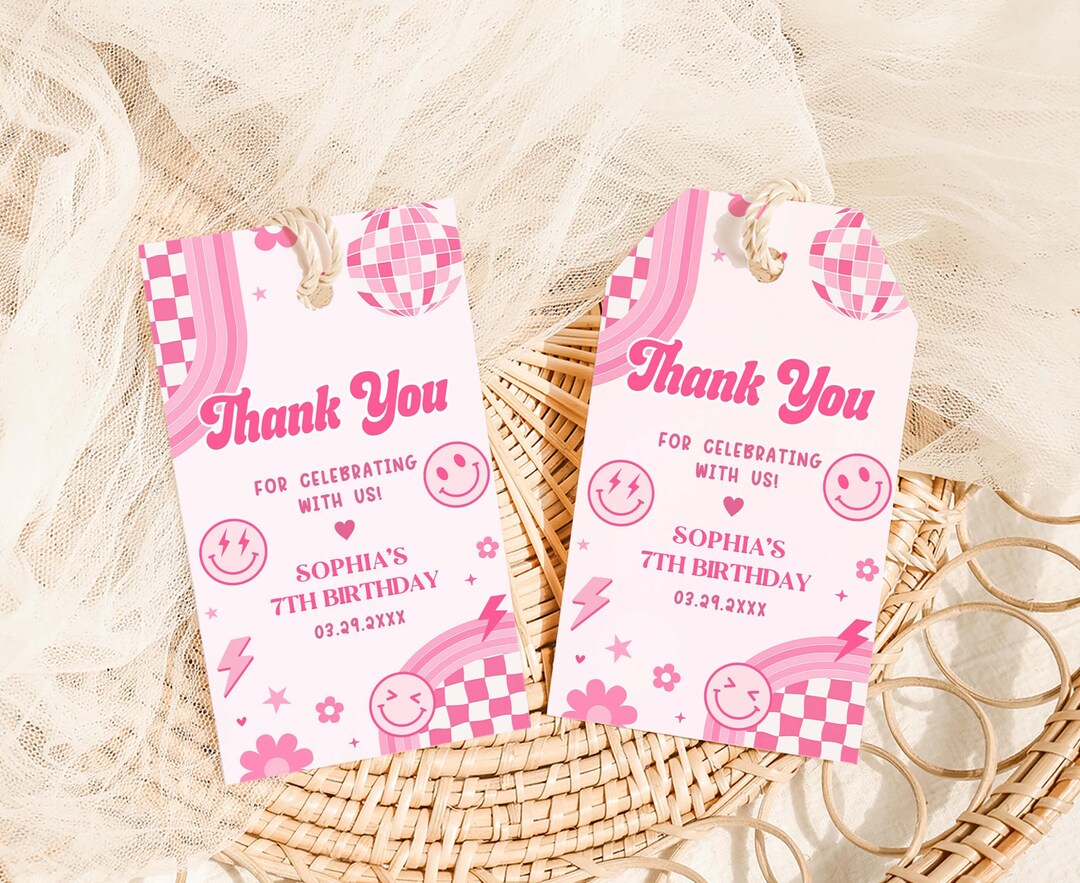 Editable Retro Smiley Face Birthday Favor Tag, Pink Checkered Smiley ...