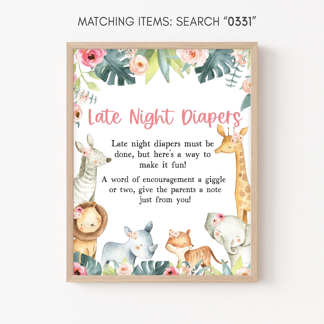 Late Night Diapers Sign Girl Safari Baby Shower, Floral Jungle Baby ...