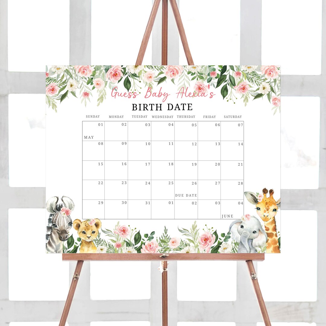 Editable Jungle Baby Shower Baby Due Date Calendar Girl Safari Animals ...