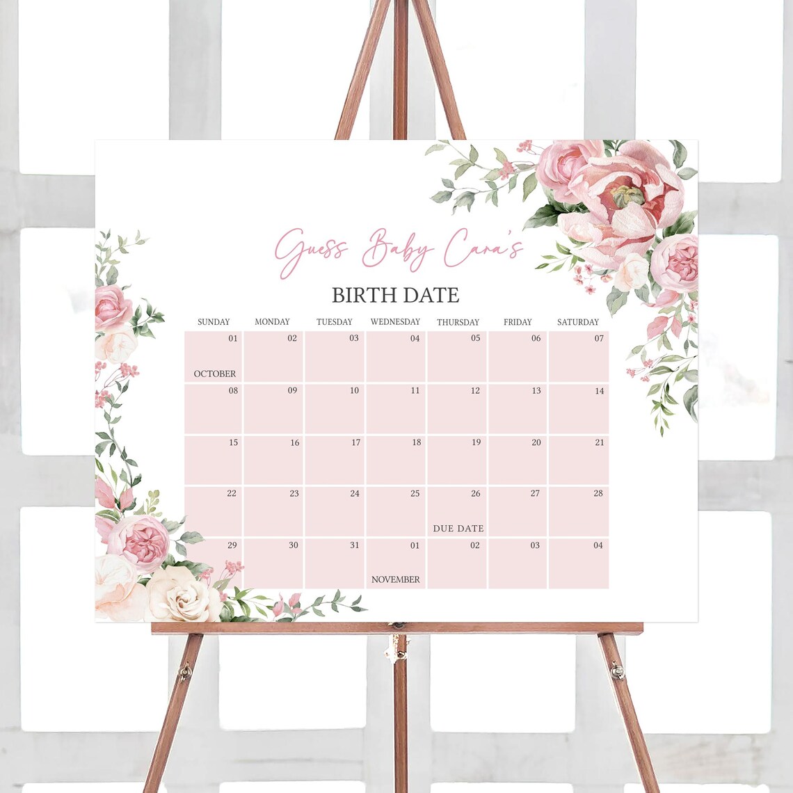 Editable Baby in Bloom Blush Baby Shower Due Date Calendar, Boho Arch ...