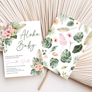 Editable Pink Floral Tropical Baby Shower Invitation Bundle, Aloha Baby ...