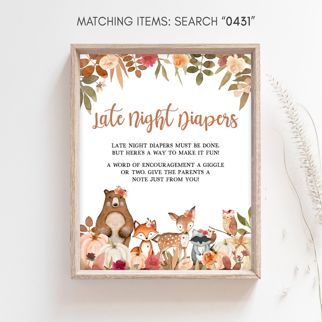 Late Night Diapers Sign Fall Woodland Baby Shower Sign, Woodland Floral ...
