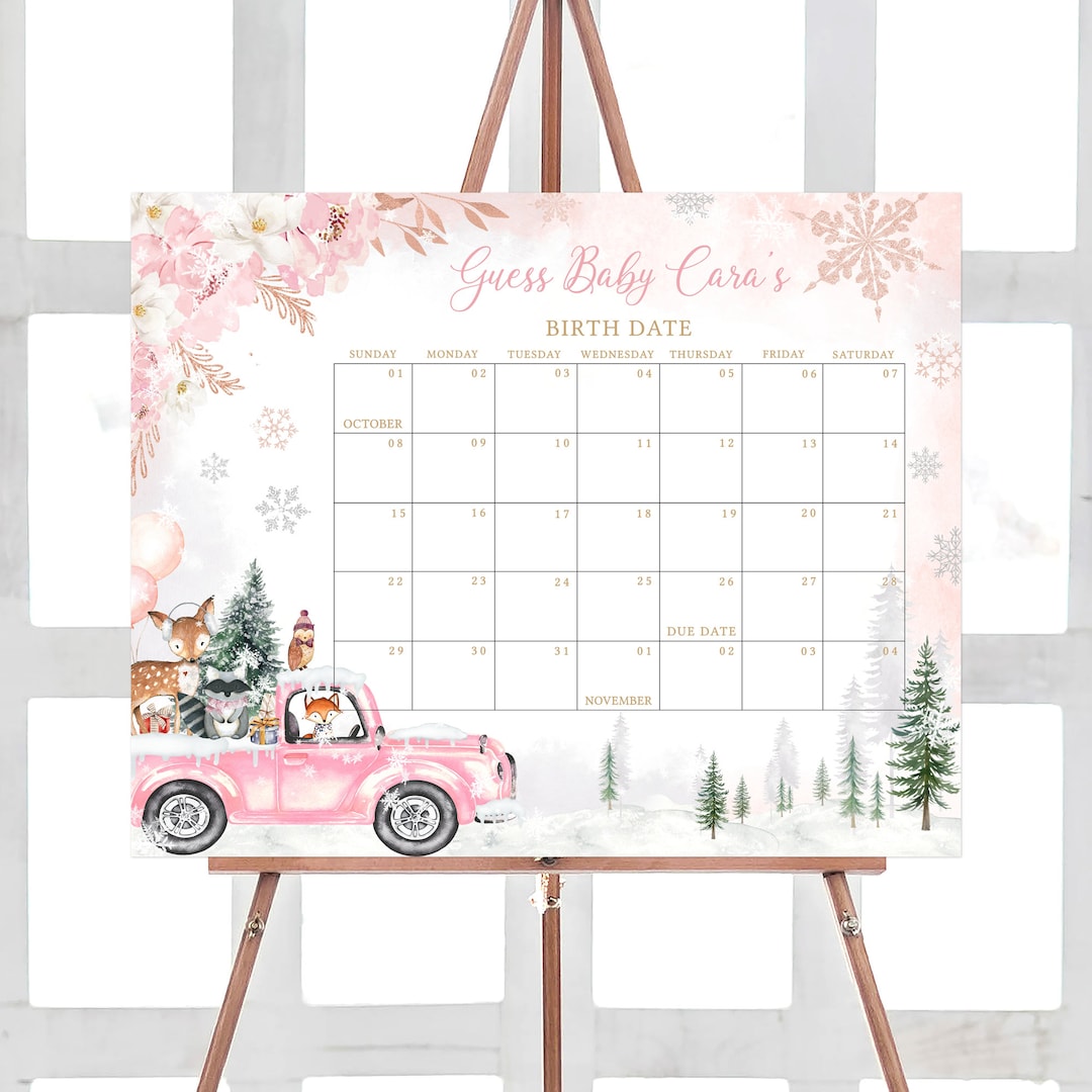 Editable Pink Winter Woodland Baby Shower Due Date Calendar, Girl ...