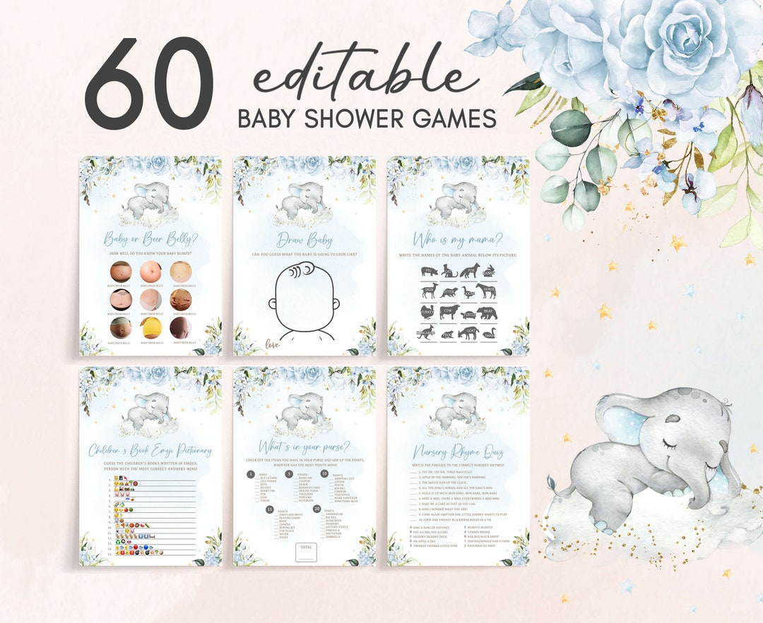 Editable Blue Elephant Baby Shower Games Bundle, Blue Floral Elephant ...