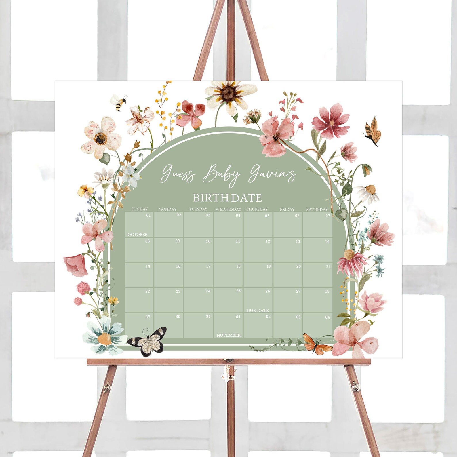 Editable Baby in Bloom Baby Shower Due Date Calendar, Boho Sage Green ...