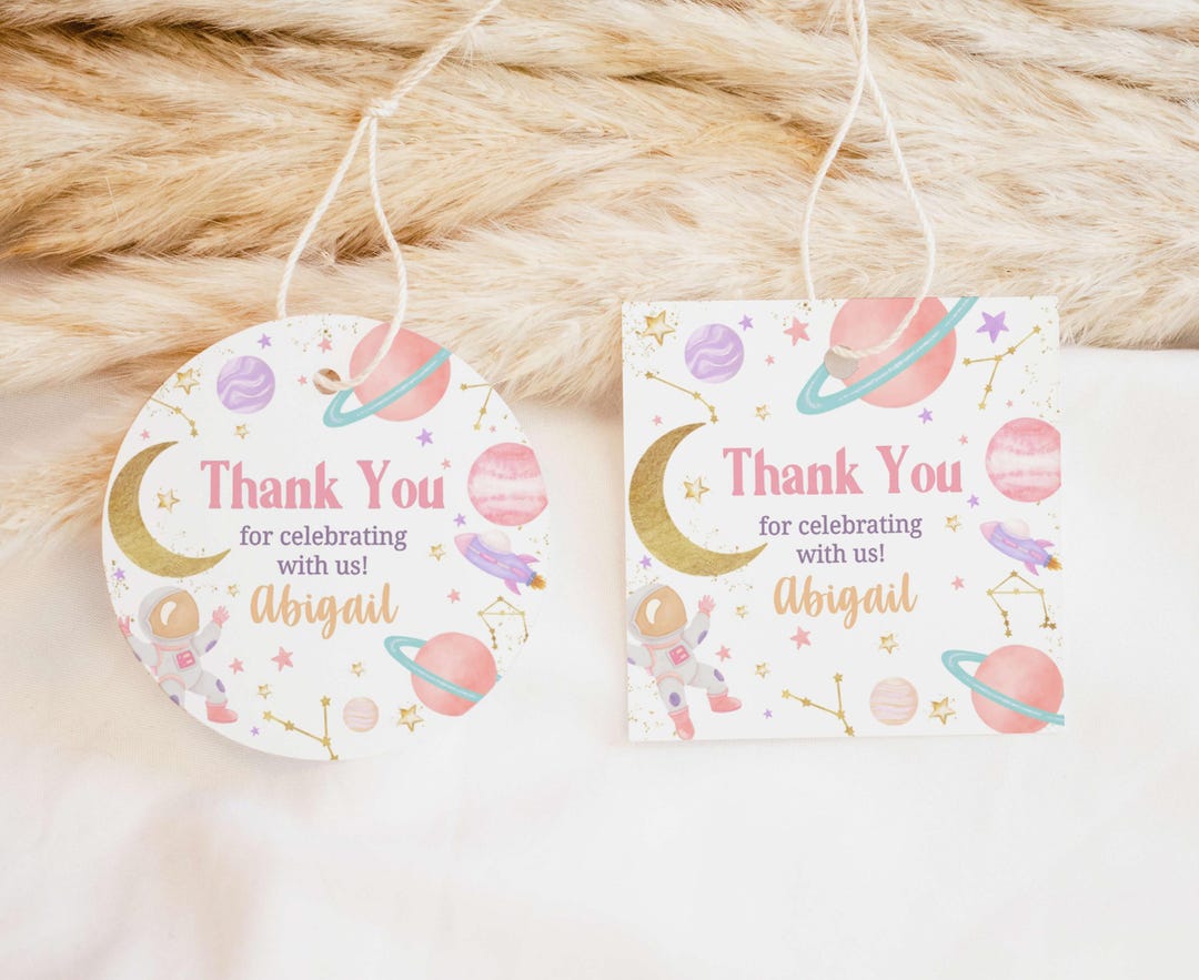 Editable Two the Moon Space Birthday Round Favor Tag, Pink Girl 2nd ...