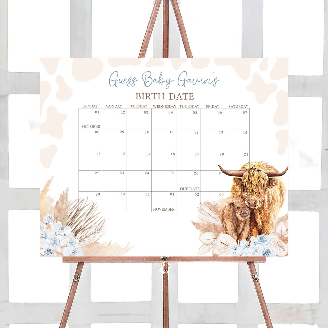 Editable Boho Highland Cow Baby Shower Due Date Calendar, Blue Holy Cow ...