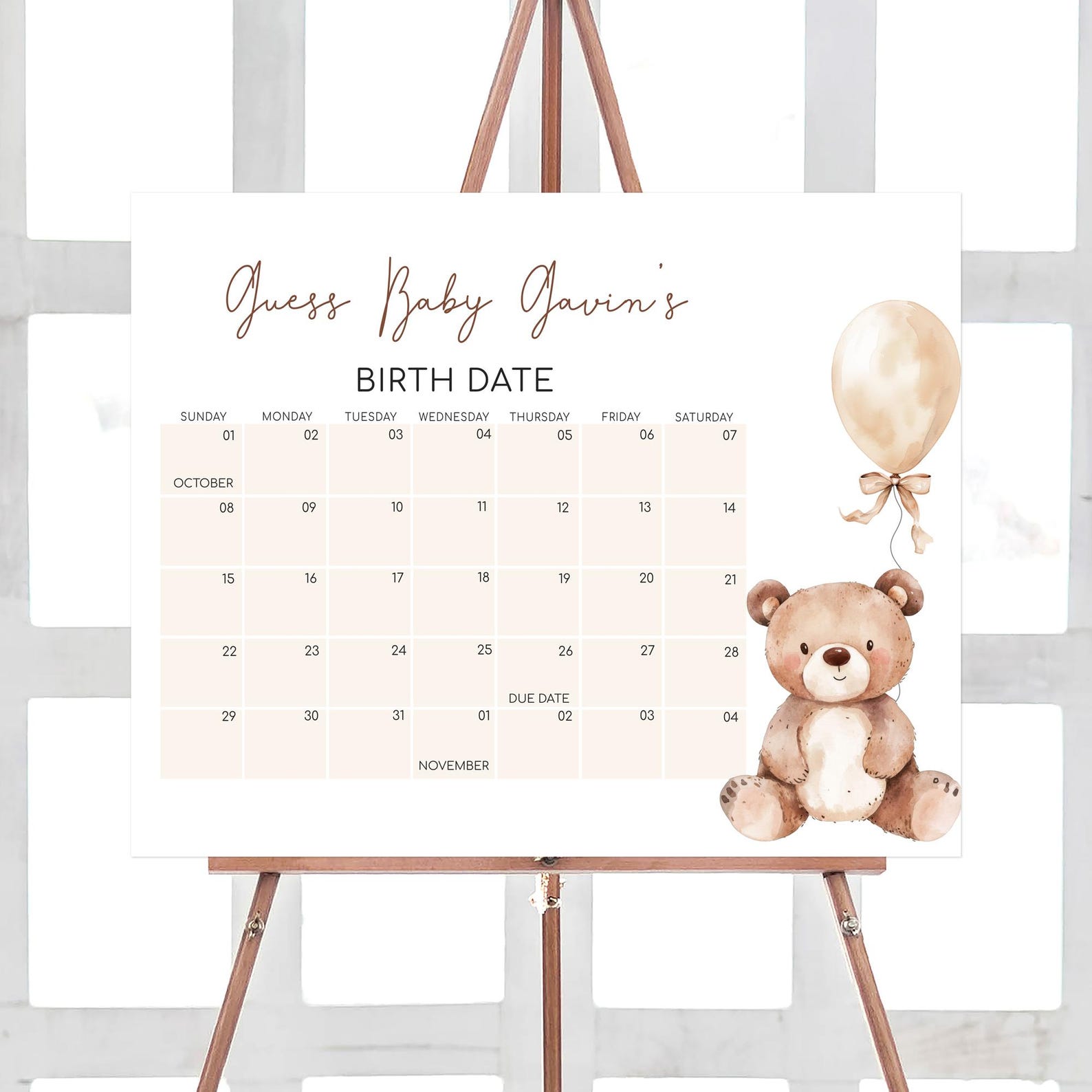Editable Minimalist Teddy Bear Baby Shower Due Date Calendar, We Can ...