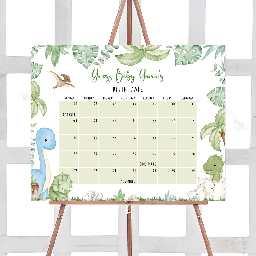 Editable Dinosaur Baby Shower Due Date Calendar, Dino Baby Shower ...