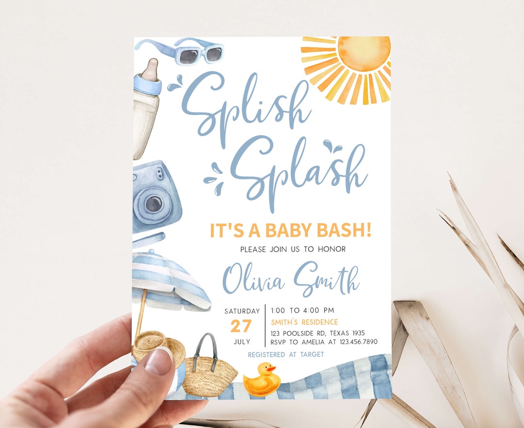 Editable Blue Beach Summer Baby Shower Invitation, Boy Splish Splash ...