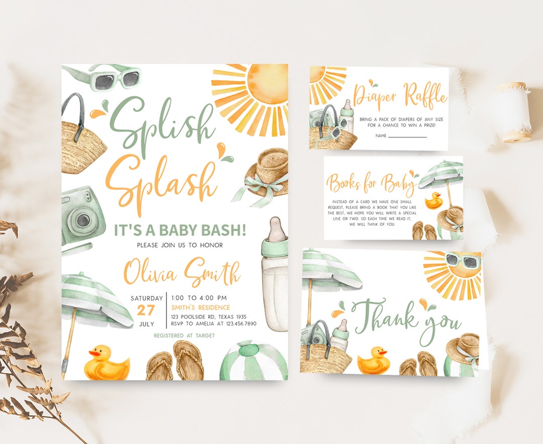 Editable Splish Splash Baby Shower Invitation Bundle, Summer Beach Baby ...