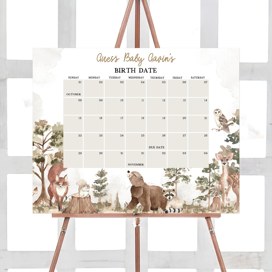 Editable Woodland Animals Baby Shower Due Date Calendar, Adventure ...