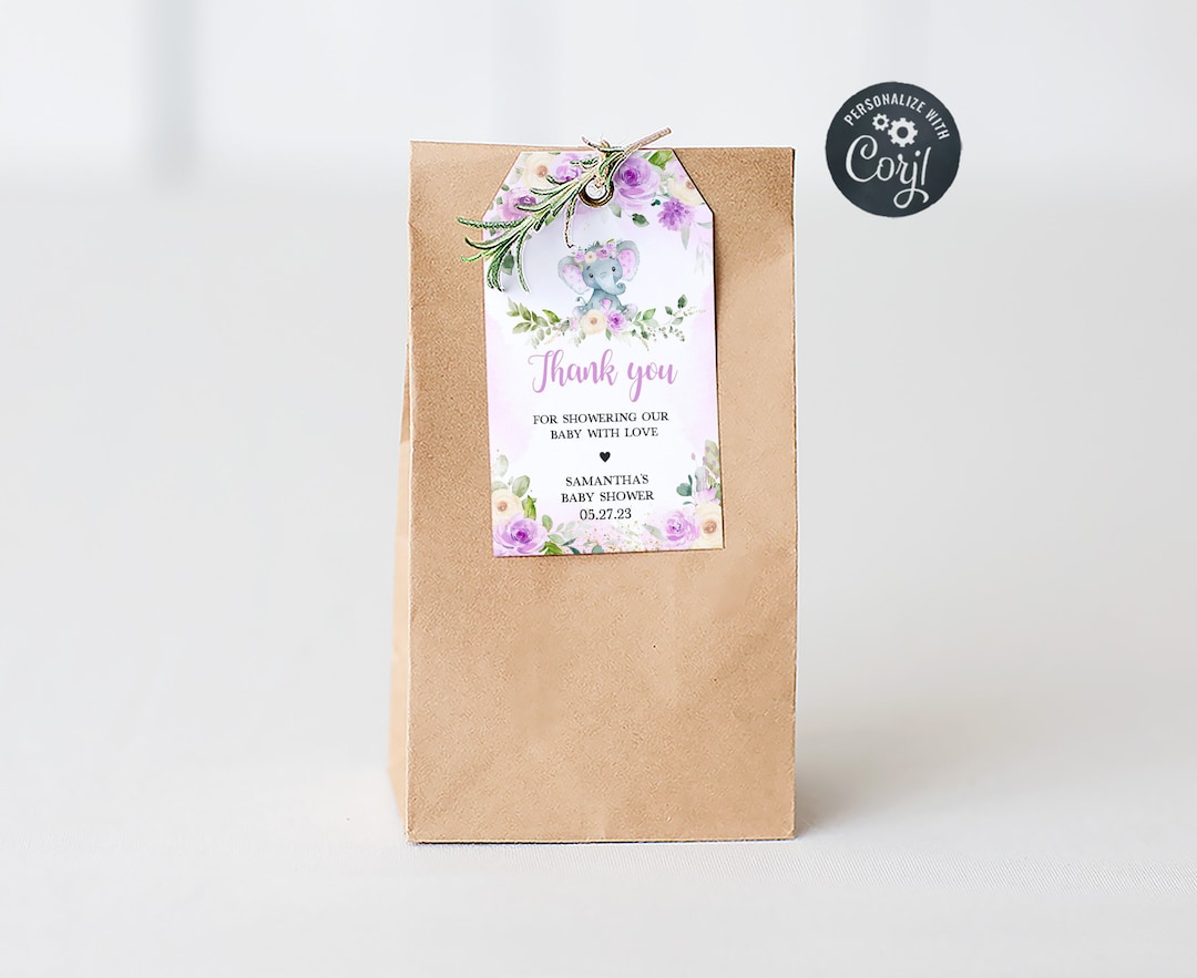 Editable Girl Elephant Baby Shower Favor Tags, Purple Floral Elephant ...