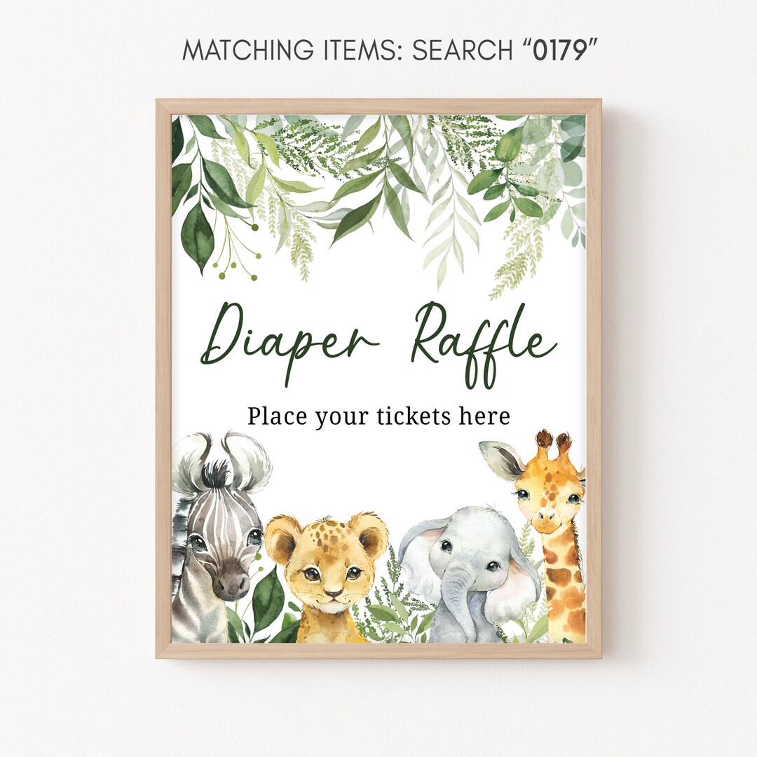 Diaper Raffle Sign Jungle Baby Shower Safari Animals Baby Shower Game ...