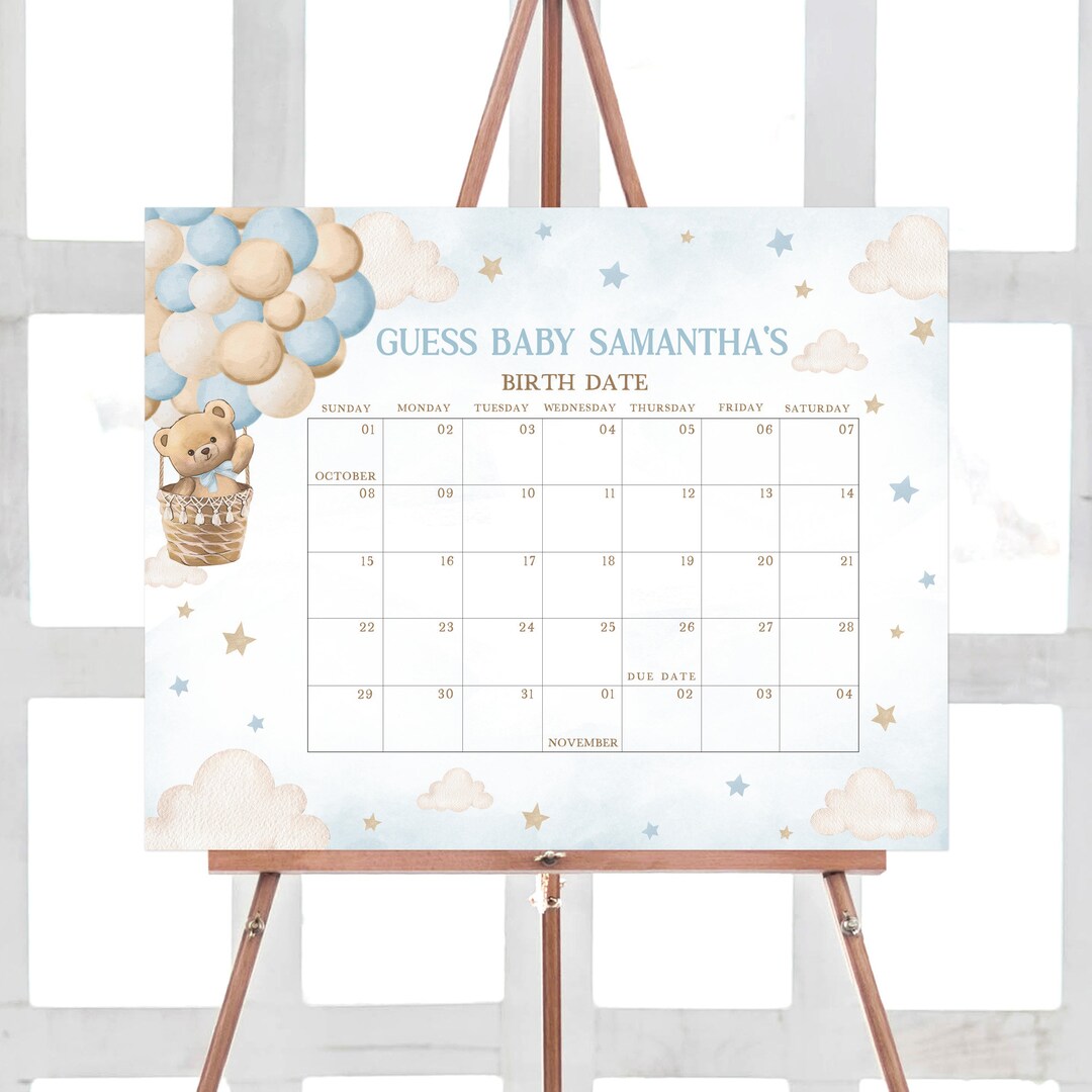 Editable Teddy Bear Hot Air Balloon Baby Shower Due Date Calendar, We ...