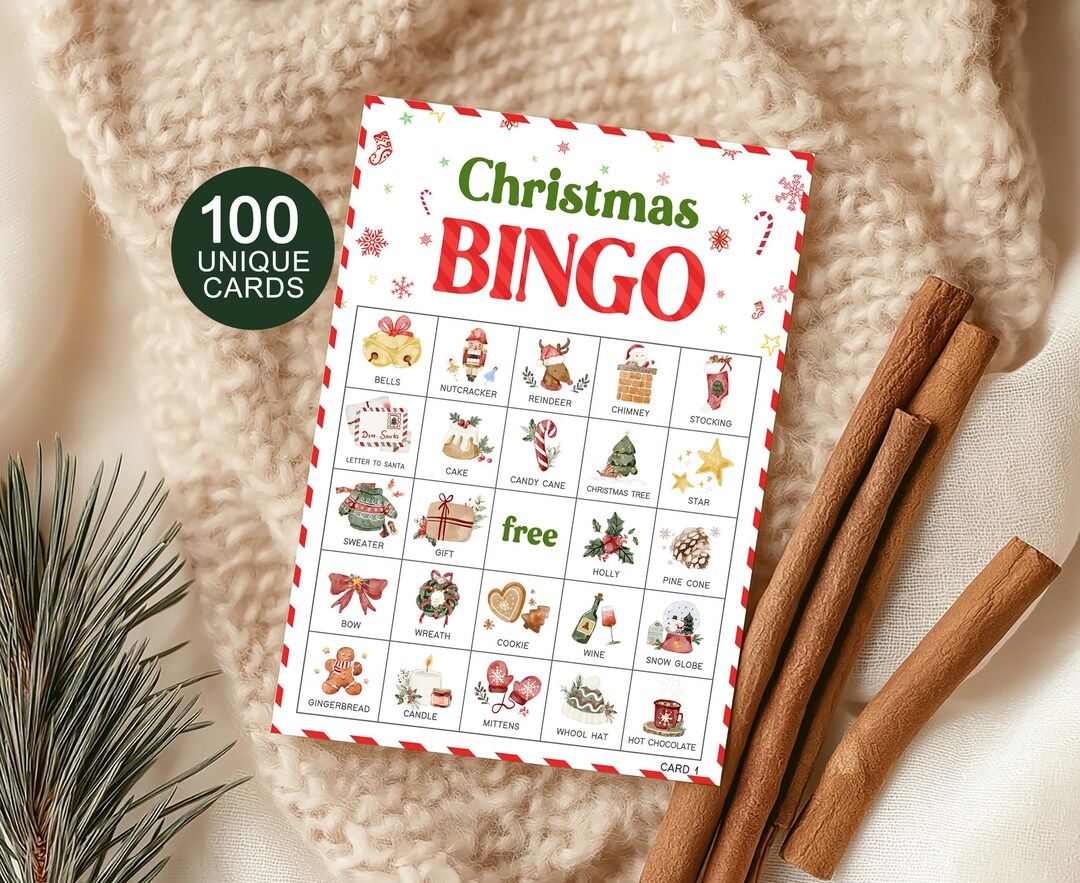 Red Christmas Bingo Card, 100 Christmas Bingo Game, Holiday Bingo ...