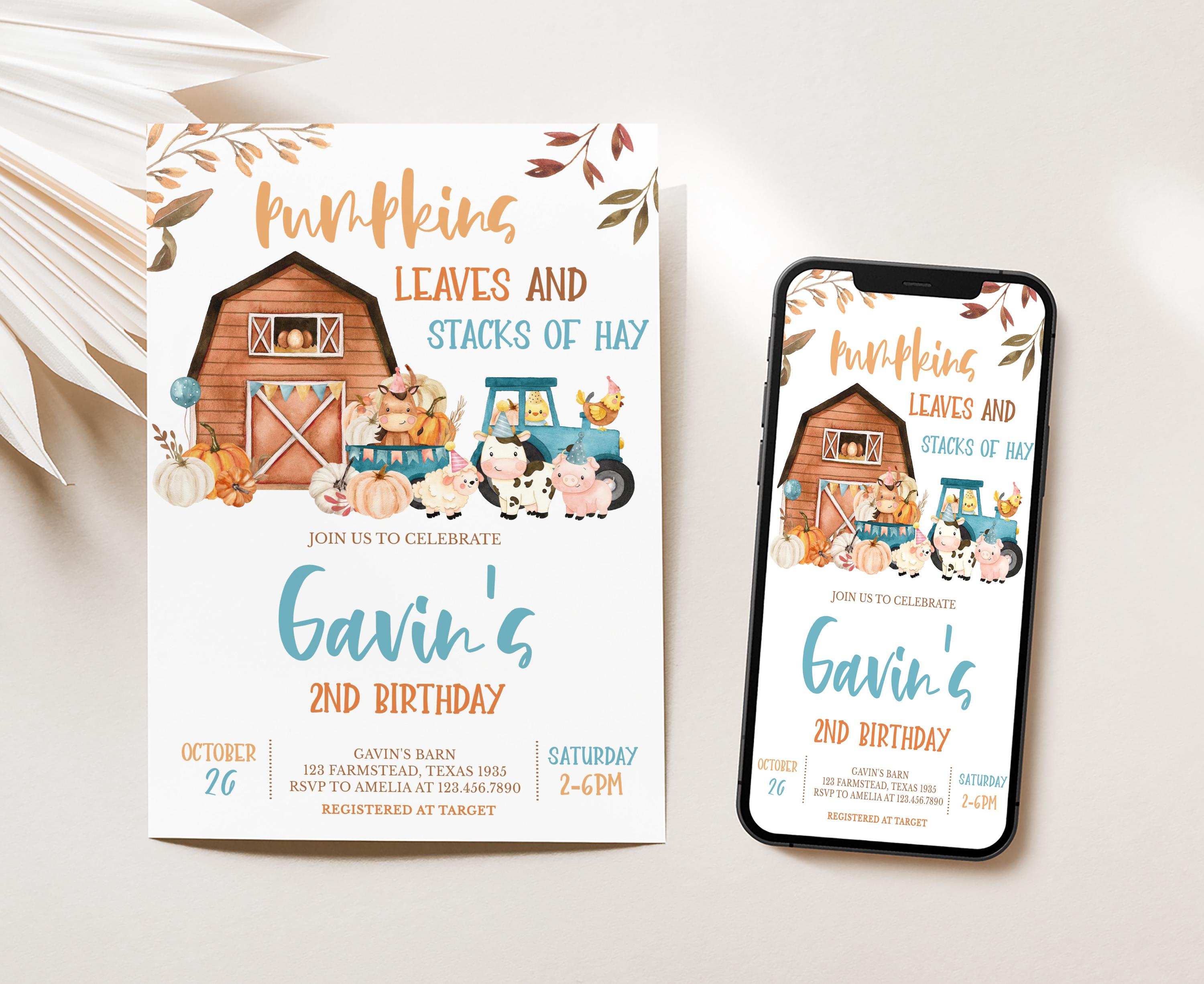Editable Farm Animal Birthday Invitation, Pumpkin Bales of Hay Invite ...