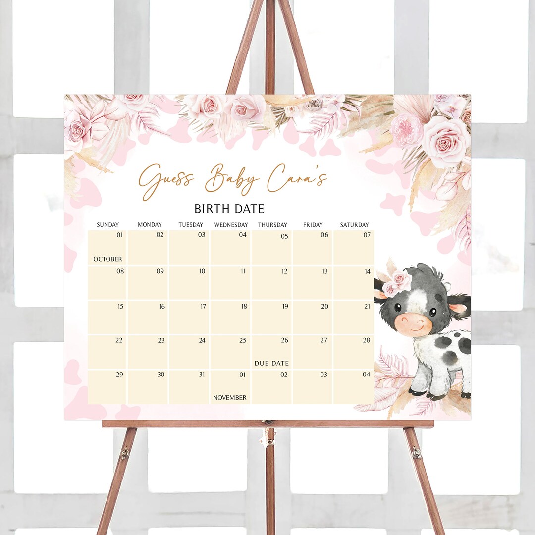 Editable Pink Highland Cow Baby Shower Due Date Calendar, Holy Cow Baby ...