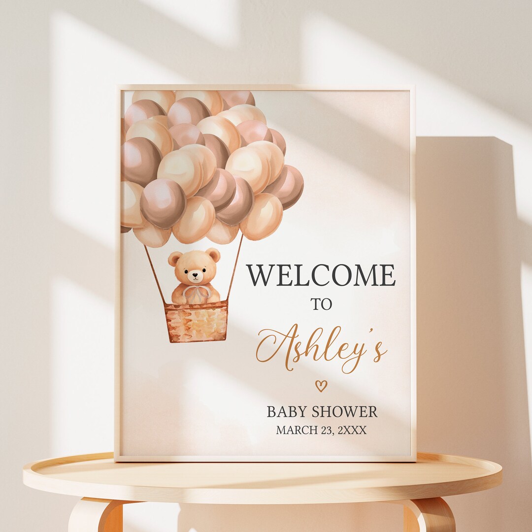 Editable Brown Bear Baby Shower Welcome Sign, Hot Air Balloon Gender ...