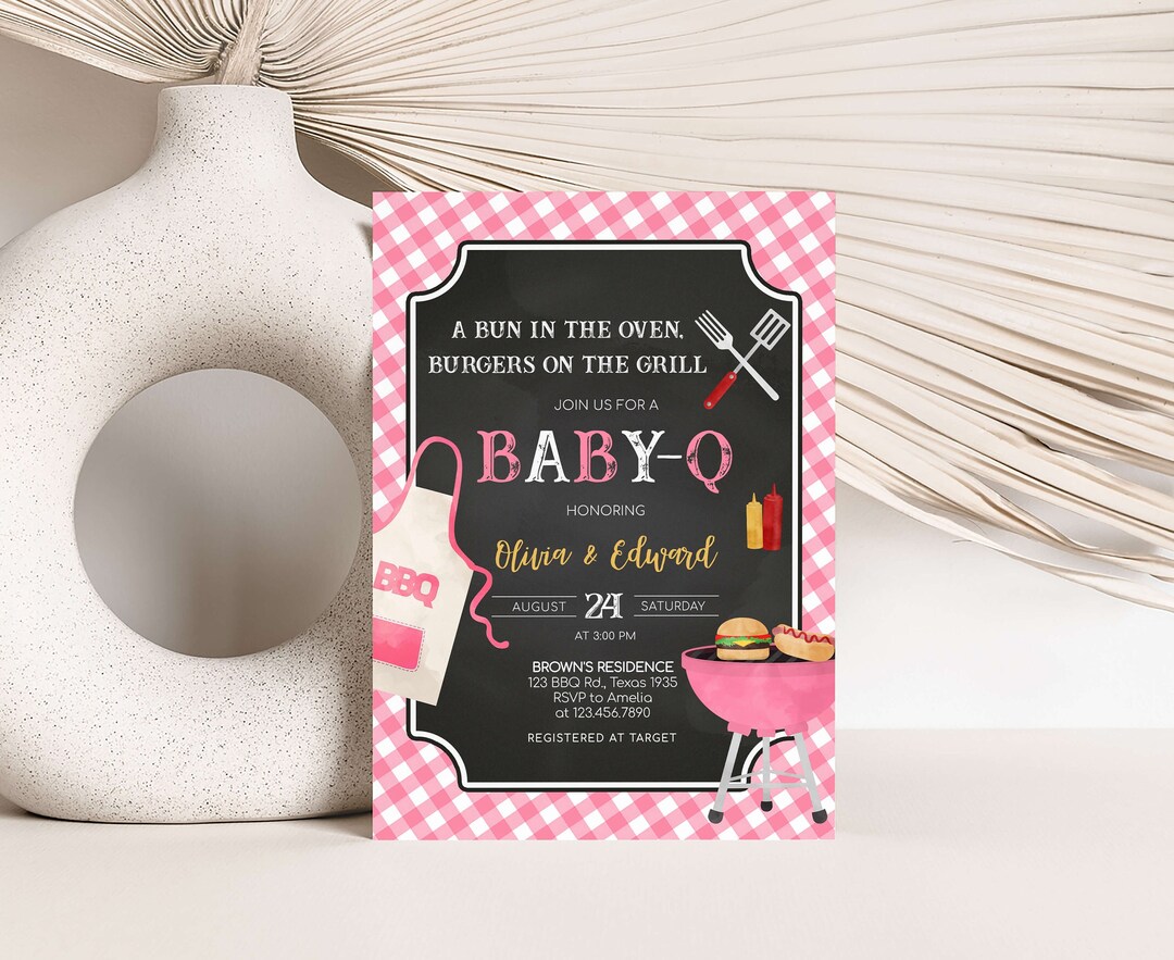 Editable Girl BBQ Baby Shower Invitation, Pink Baby-q Gingham Baby ...