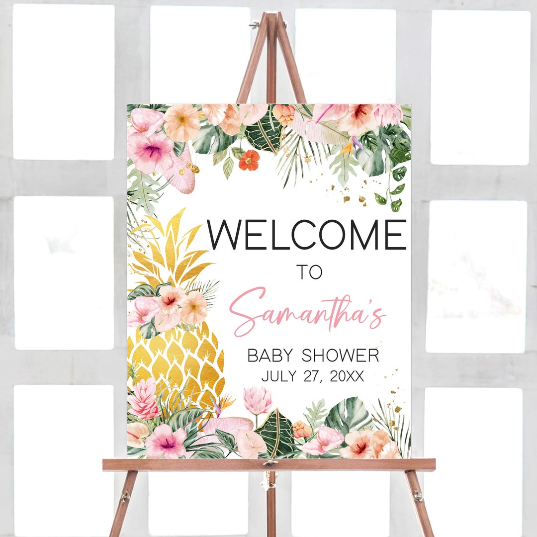 Editable Gold Pineapple Baby Shower Welcome Sign, Pink Floral Aloha ...