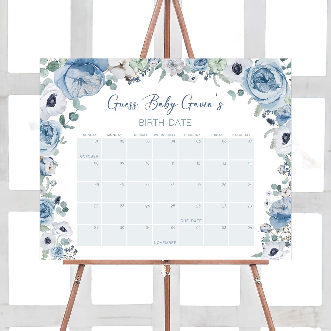 Editable Blue Baby in Bloom Baby Shower Due Date Calendar, Boy Spring ...