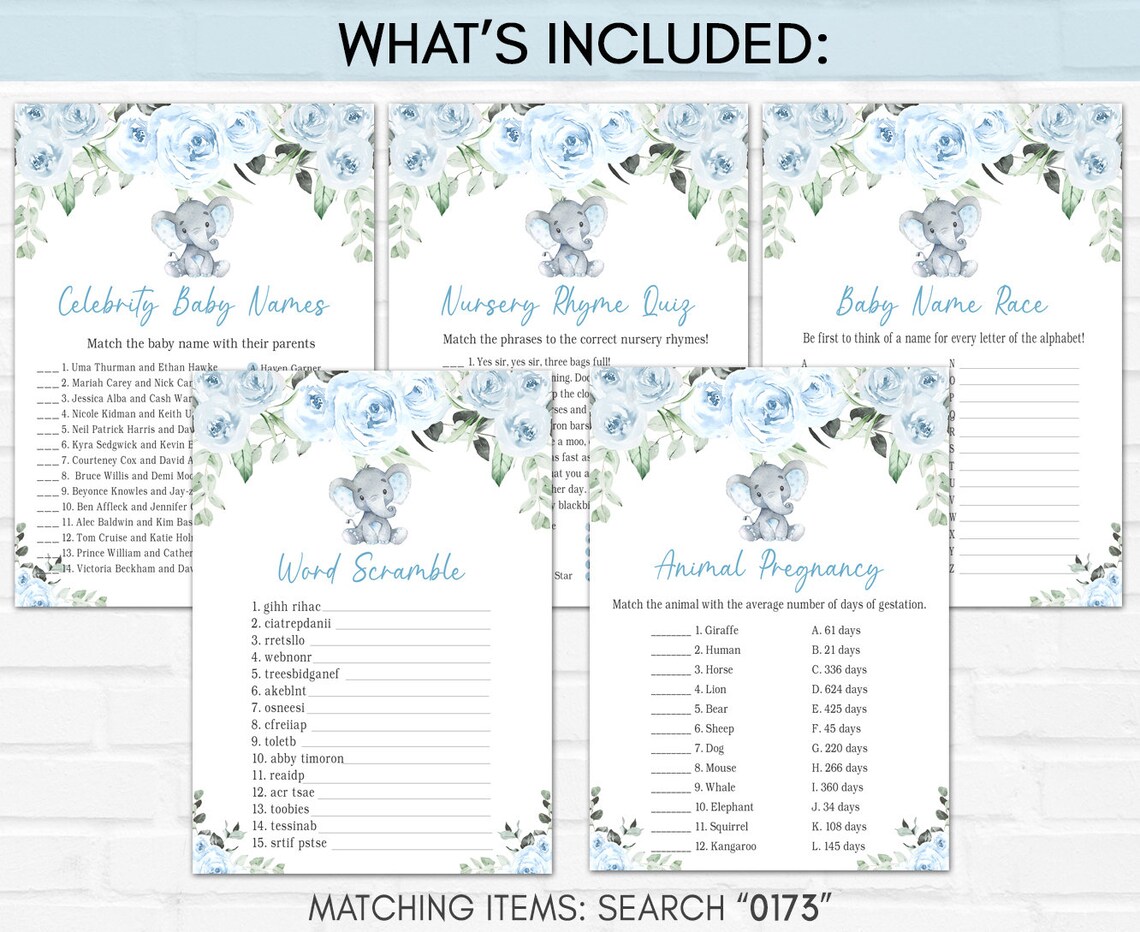 Elephant Baby Shower Game Bundle Blue Elephant Boy Baby - Etsy