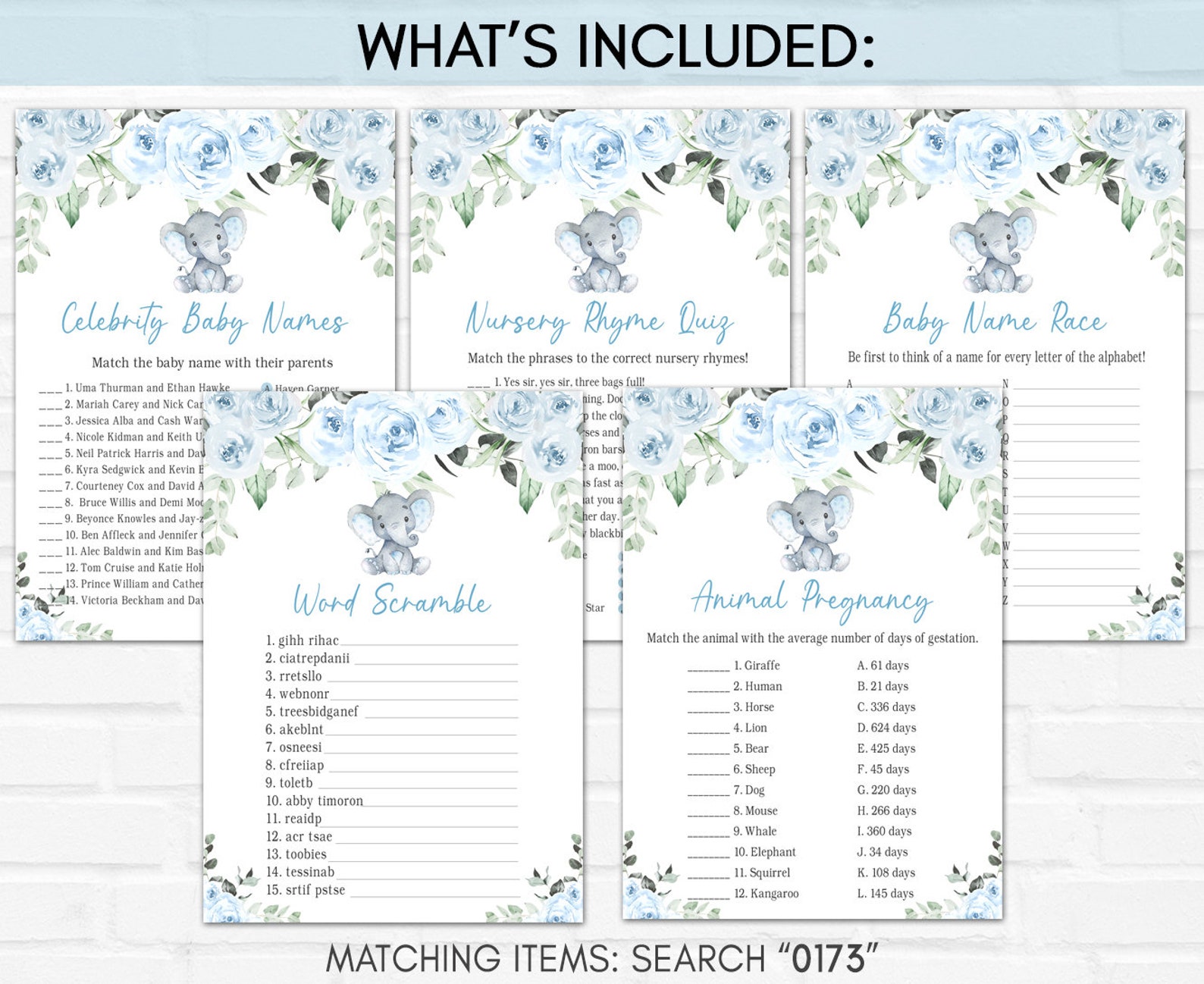 Elephant Baby Shower Game Bundle Blue Elephant Boy Baby - Etsy