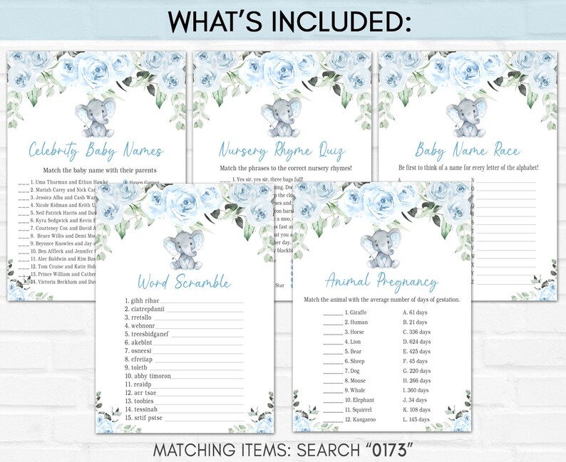 Elephant Baby Shower Game Bundle Blue Elephant Boy Baby - Etsy