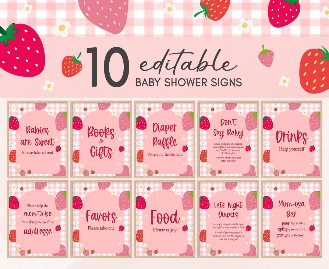 Editable Berry Sweet Baby Shower Table Sign, Girl Strawberry Baby ...