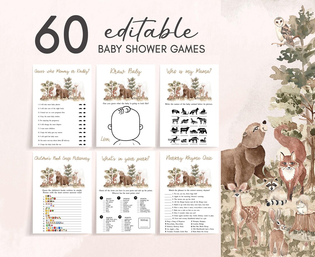 Editable Woodland Animals Baby Shower Games Bundle, Adventure Awaits ...