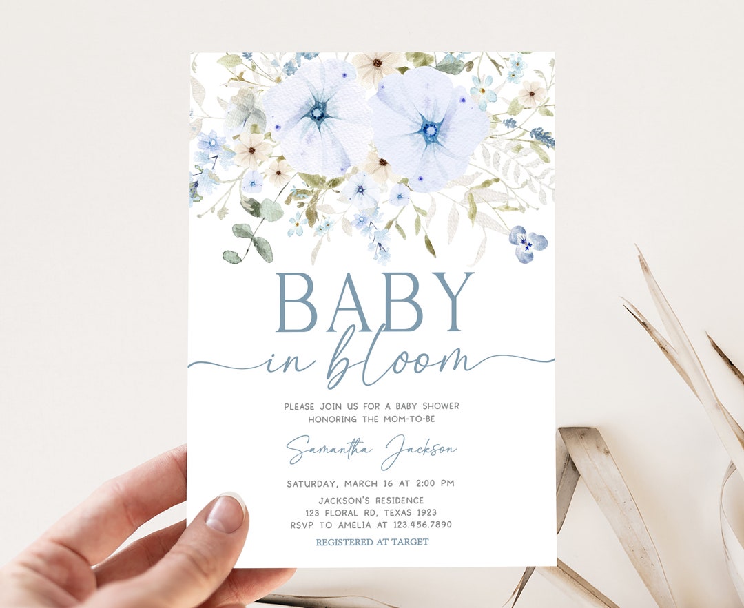 Editable Baby in Bloom Boy Baby Shower Invitation, Dusty Blue ...