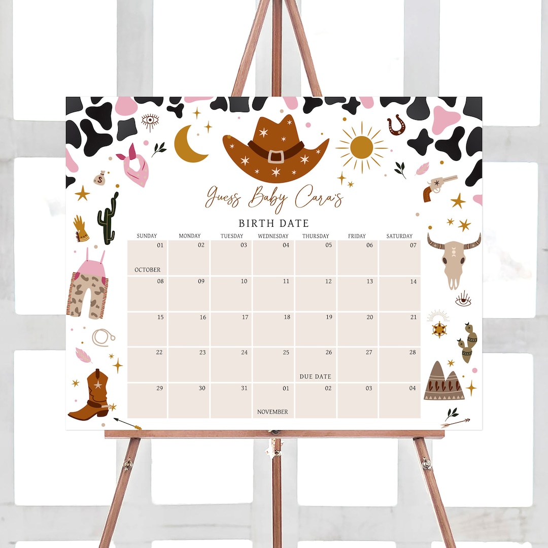 Editable Cowgirl Baby Shower Due Date Calendar, Little Cowgirl Rodeo ...