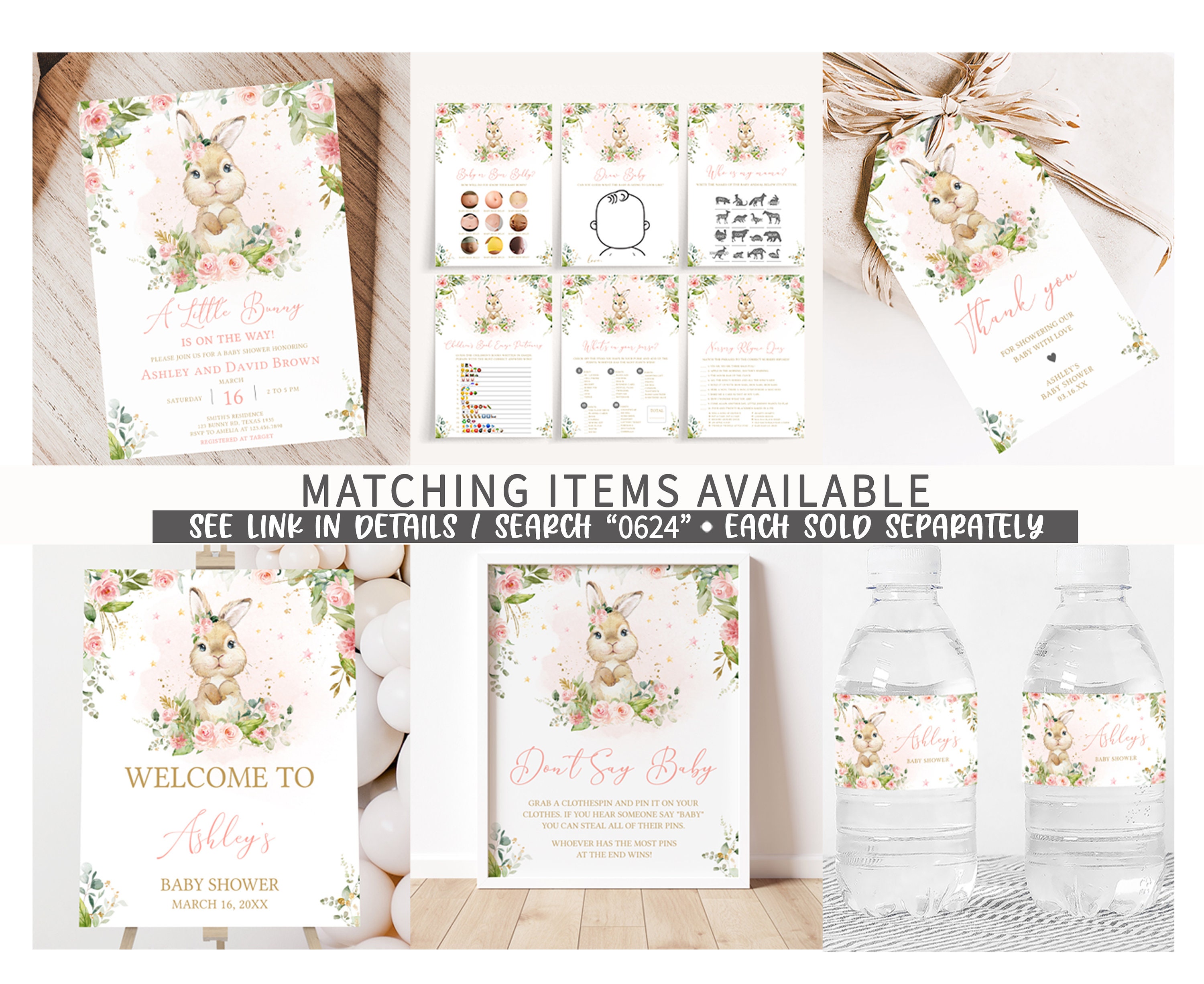 Editable Bunny Girl Baby Shower Games Bundle, Pink Floral Baby Shower ...
