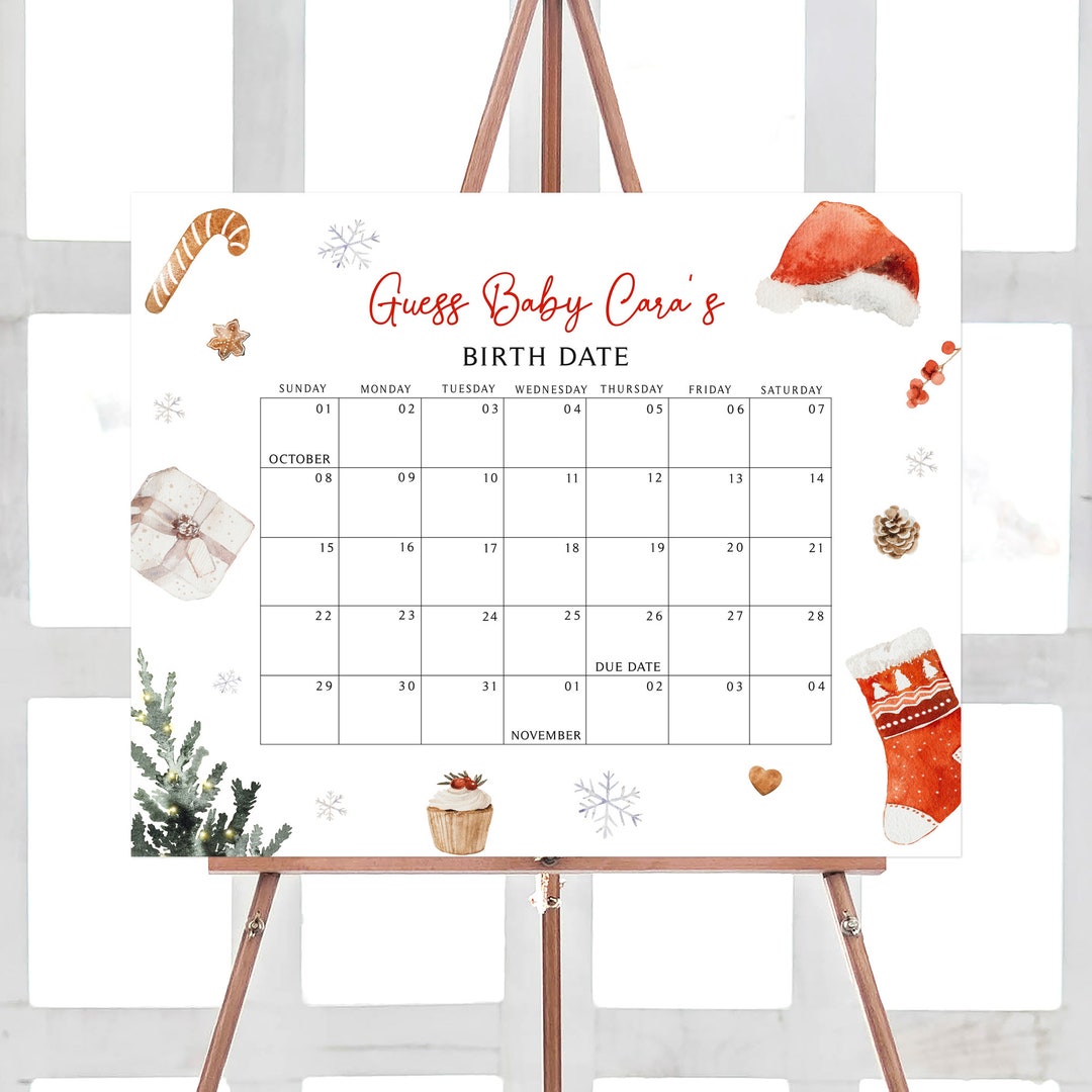 Editable Santa Baby Shower Due Date Calendar, Christmas Baby Shower ...