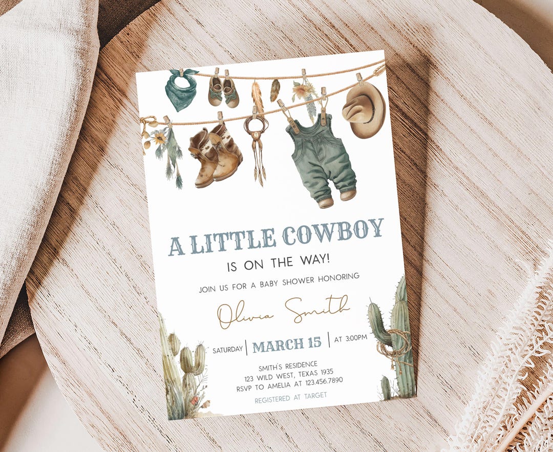 Editable A Little Cowboy Baby Shower Invitation, Cowboy Baby Clothes ...