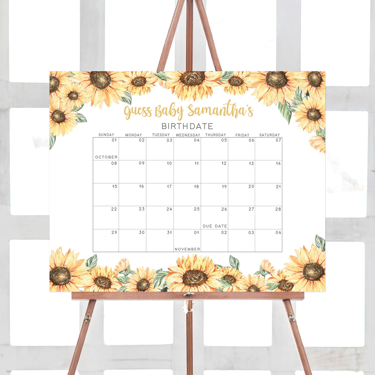 Editable Sunflower Baby Shower Due Date Calendar, Rustic Sunflower Baby ...