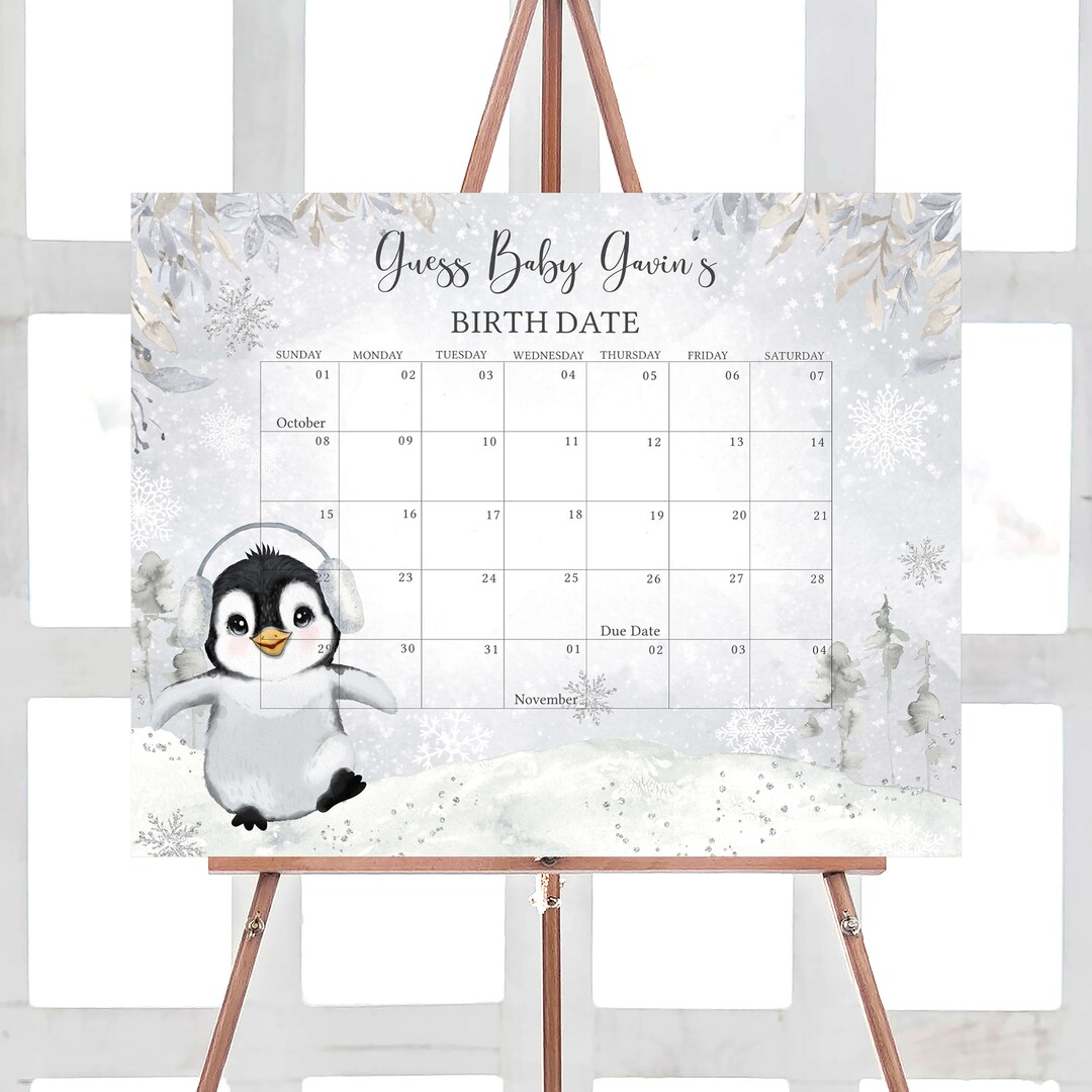 Editable Winter Penguin Baby Shower Due Date Calendar, Gender Neutral ...