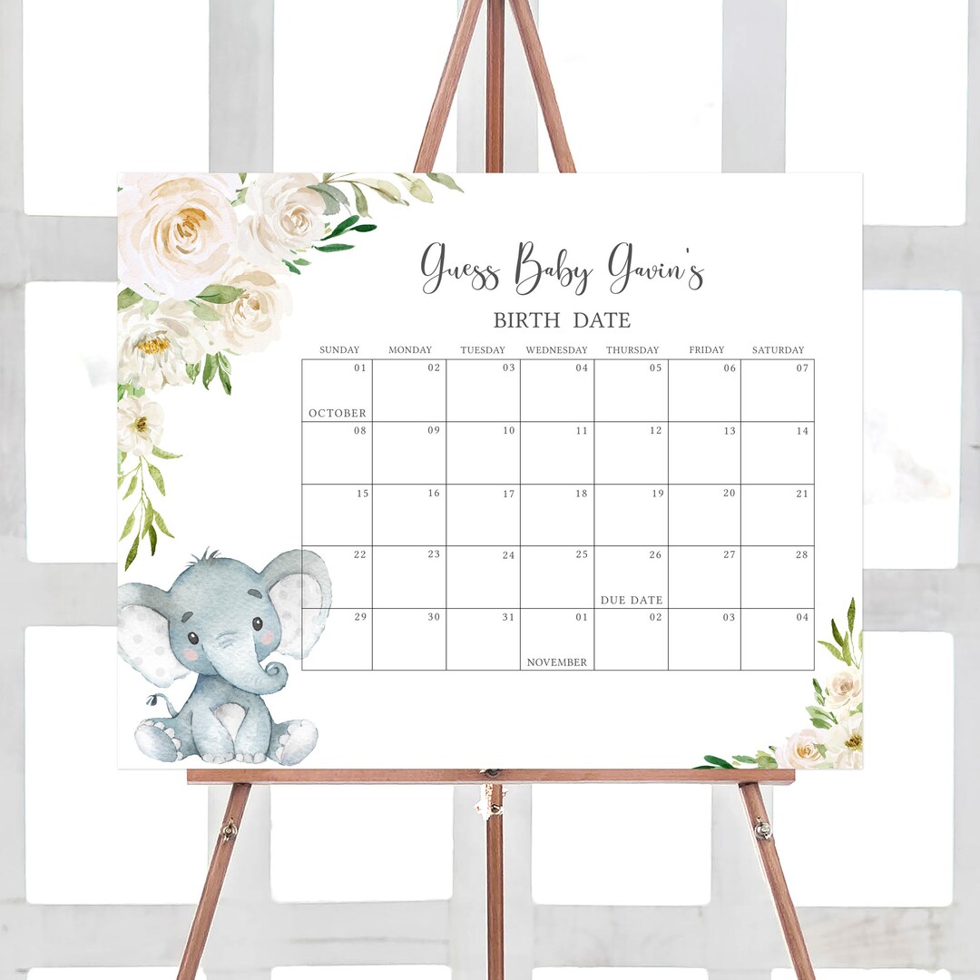 Editable Gender Neutral Elephant Baby Shower Due Date Calendar, Floral ...