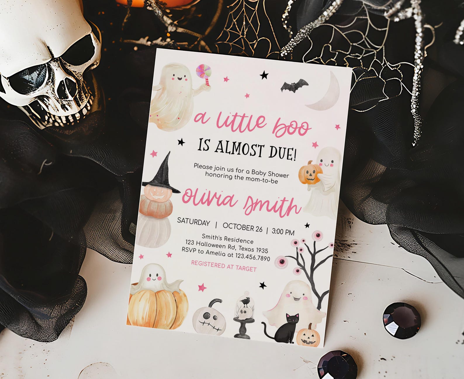 Editable Pink A Little Boo Baby Shower Invitation, Girl Halloween Baby ...