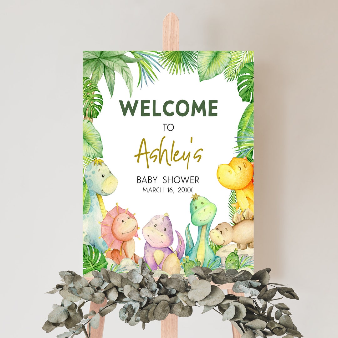 Editable Dinosaur Baby Shower Welcome Sign, Greenery Dino Baby Shower ...